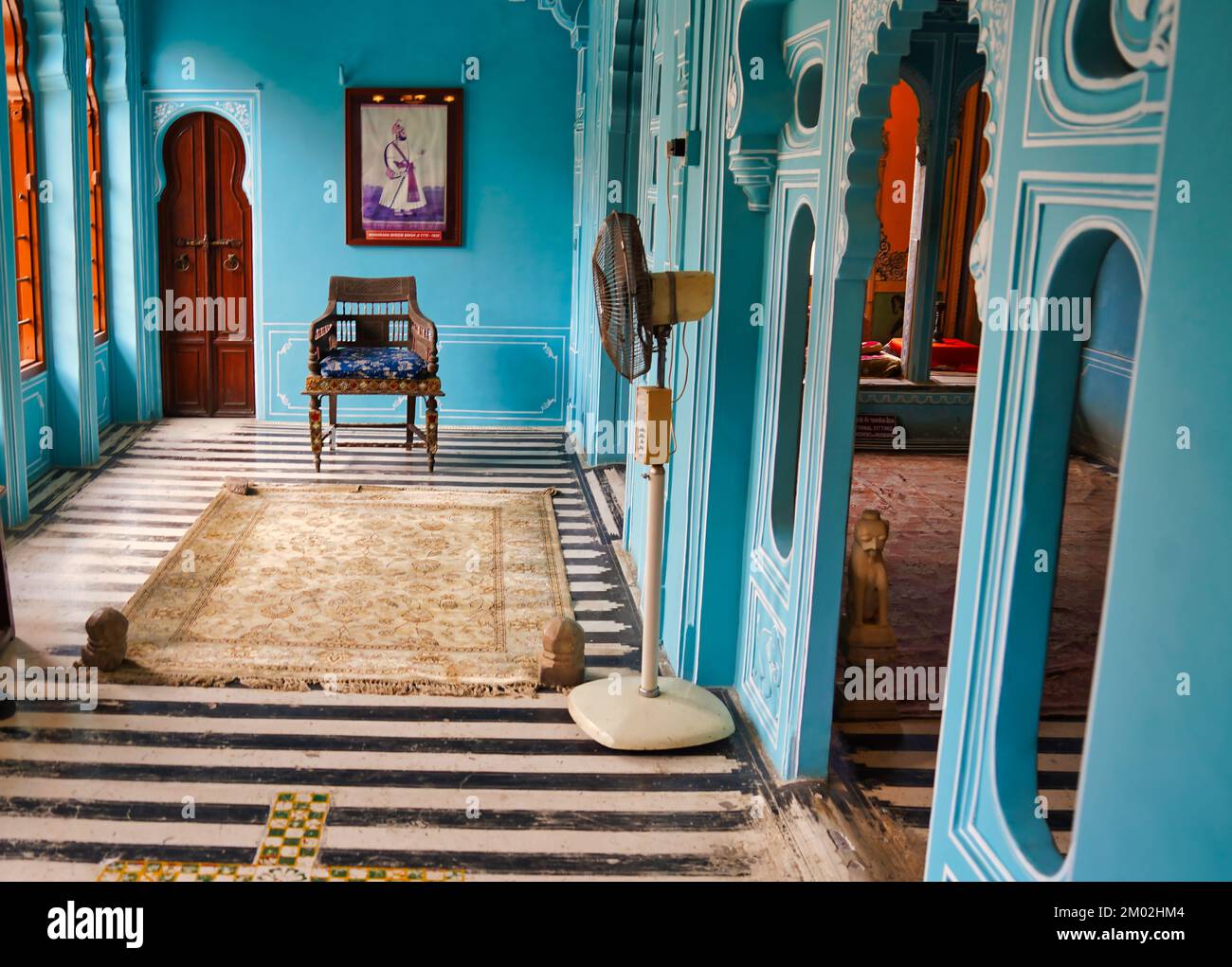 Beautiful light blue colored rooms inside Udaipur's city palace. Rajasthan, India. Colorful ...