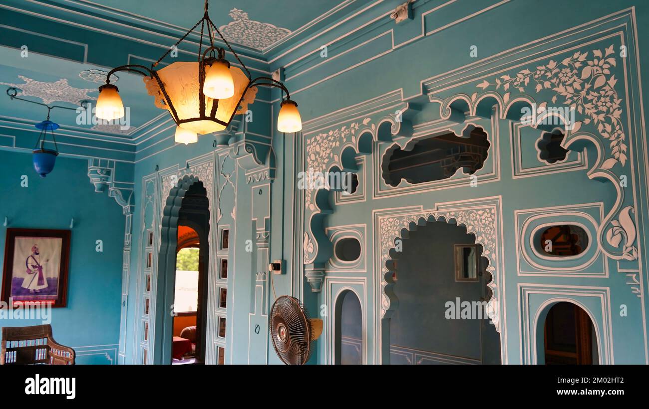 Beautiful light blue colored rooms inside Udaipur's city palace. Rajasthan, India. Colorful ...