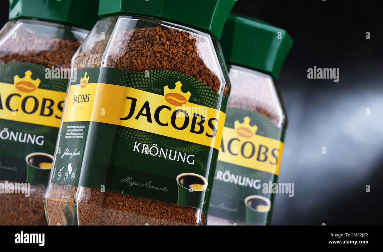 POZNAN, POLAND - JUL 14, 2022: Containers of Jacobs instant coffee, a ...