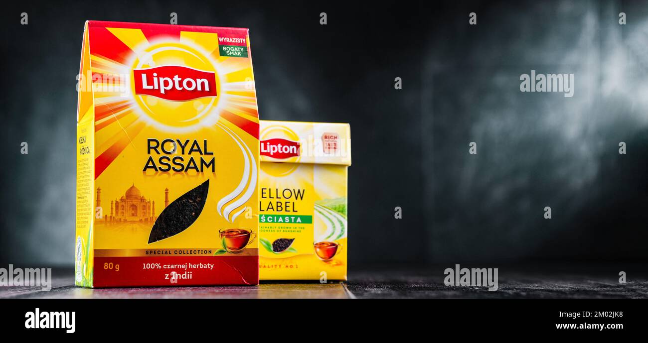 POZNAN, POL - JUL 16, 2022: Two packages of Lipton Tea, a famous brand ...