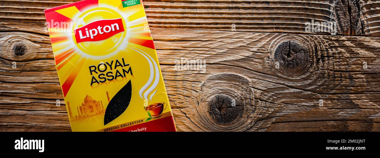 POZNAN, POL - JUL 16, 2022: Package of Lipton Tea, a famous brand of ...