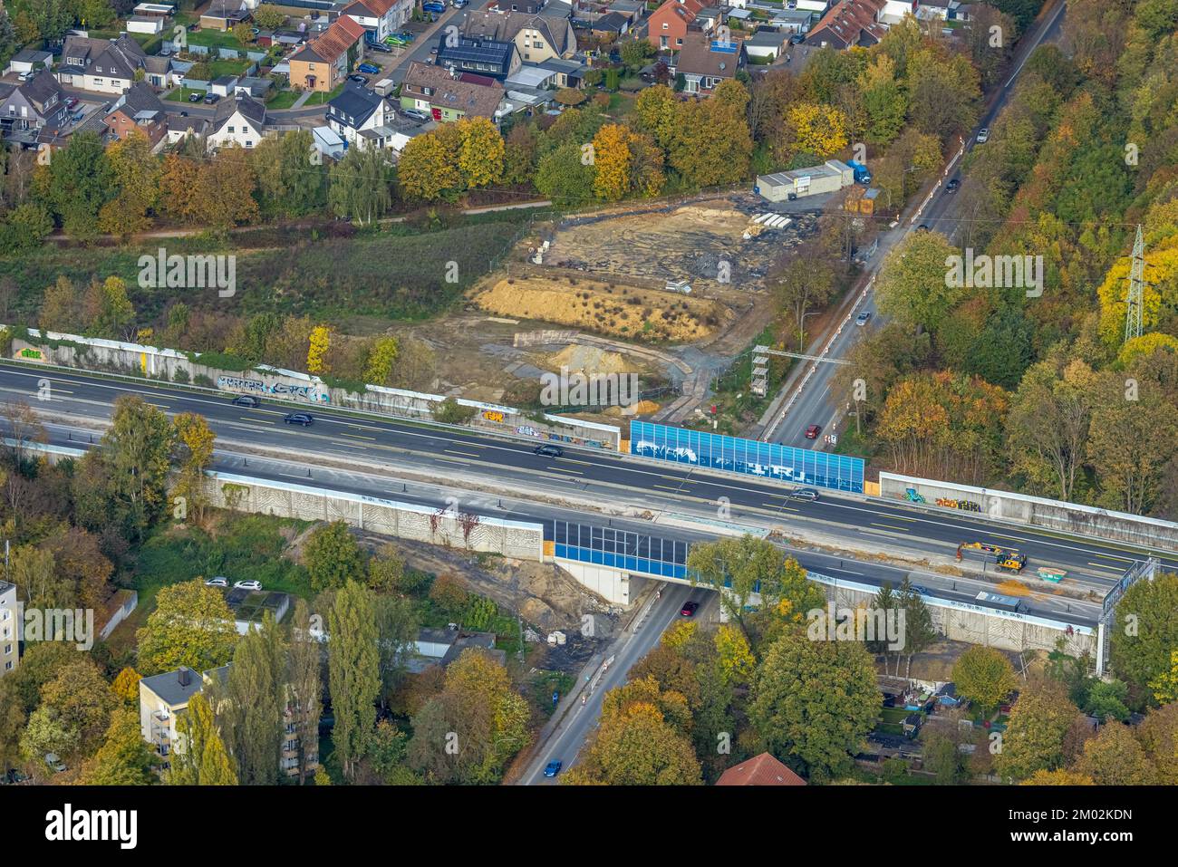 Aerial view, construction site, bridge renovation on A2 freeway ...