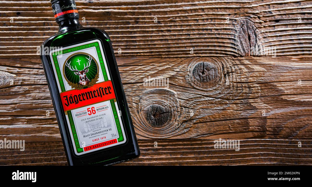 POZNAN, POL - APR 13, 2022: Bottle of Jagermeister, German digestif ...