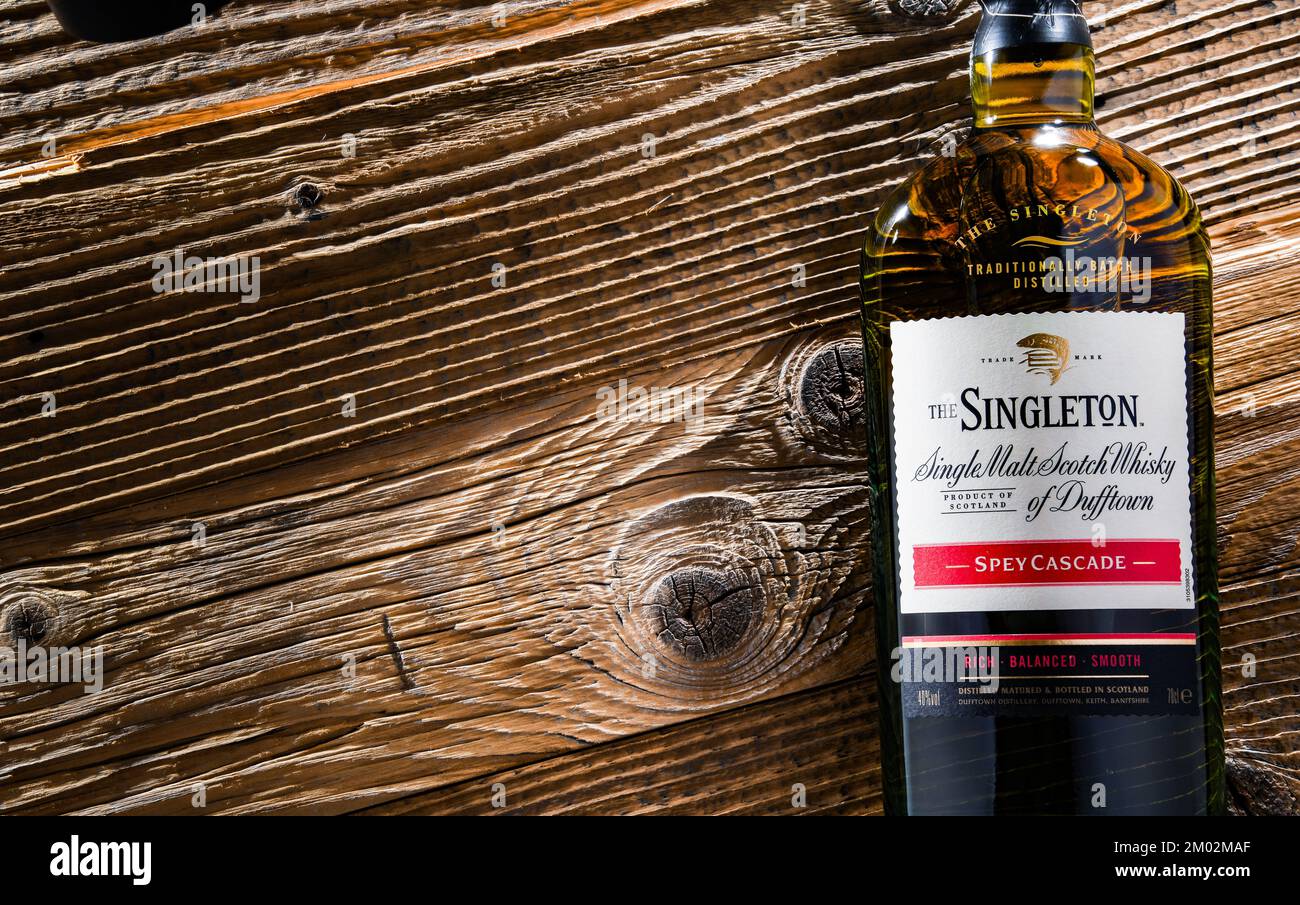 POZNAN, POL - APR 13, 2022: Bottle of Singleton of Dufftown, a brand of ...