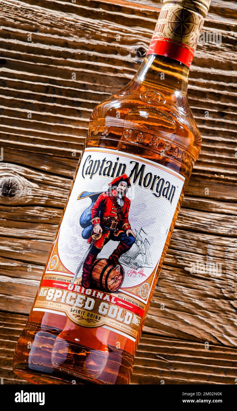 POZNAN, POL - APR 7, 2022: Bottle of Captain Morgan, a brand of rum ...
