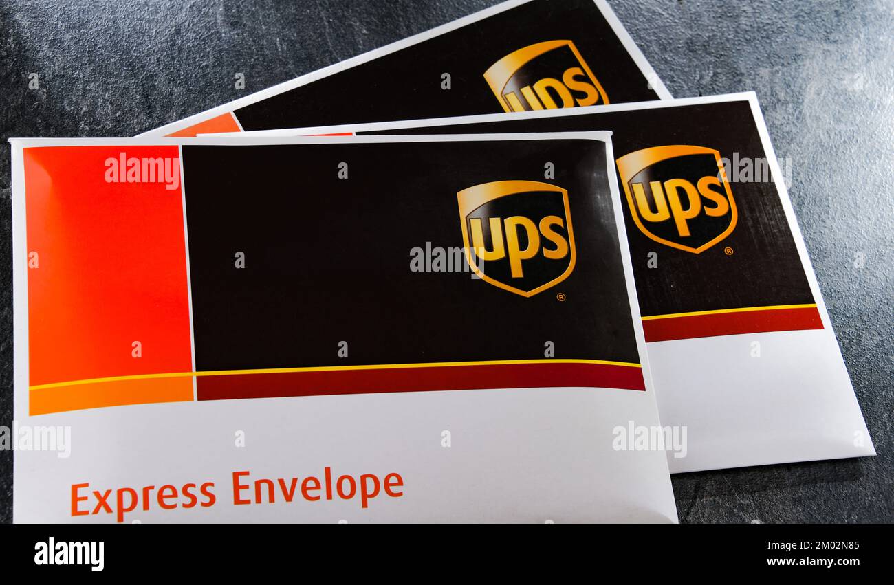 POZNAN, POL - DEC 26, 2021: Envelopes of United Parcel Service or UPS ...