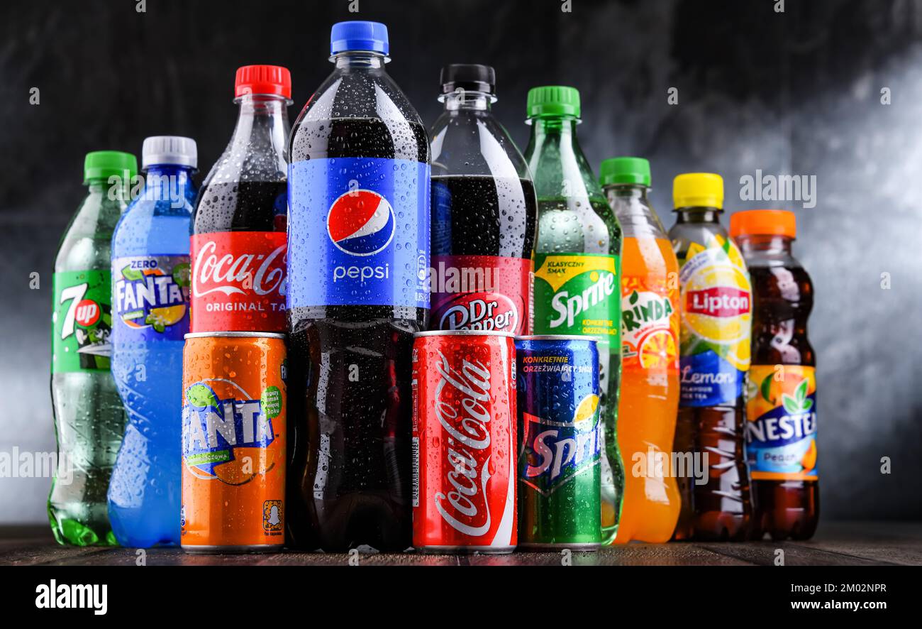 POZNAN, POLAND - OCT 28, 2021: Bottles of global soft drink brands ...