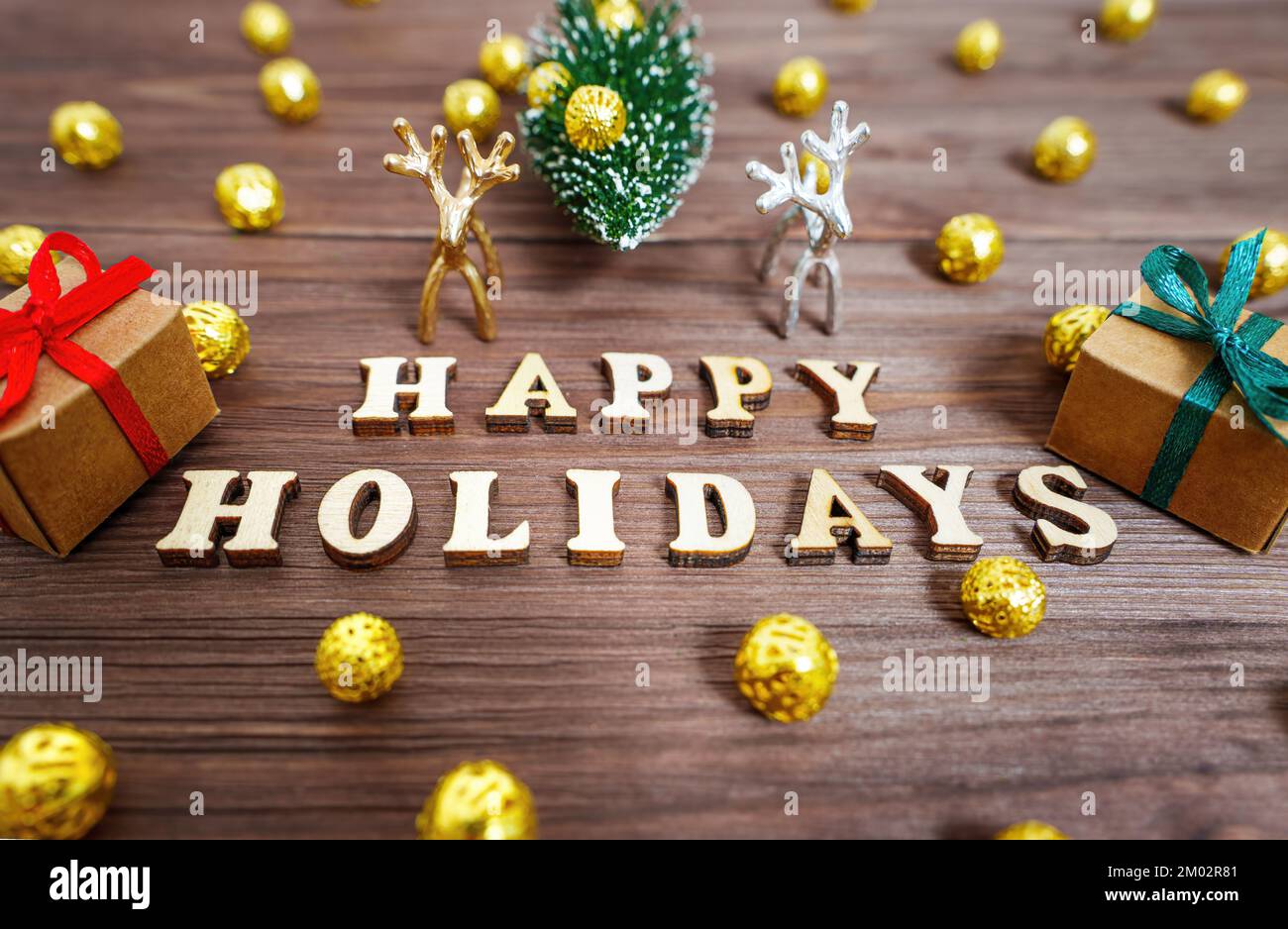 Happy Holidays advertising campaign background with miniature Christmas ...
