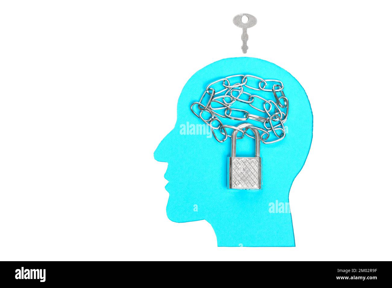 Male head profile shape with chained padlock and key isolated on white ...