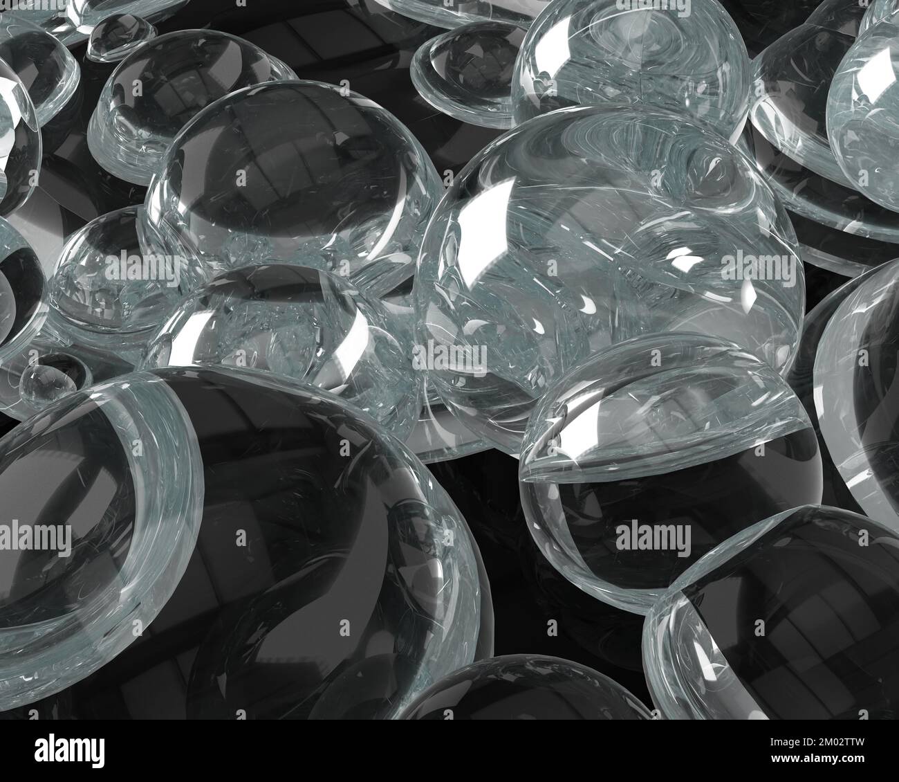 Transparent shiny bubbles on a black background. Texture. 3d ...