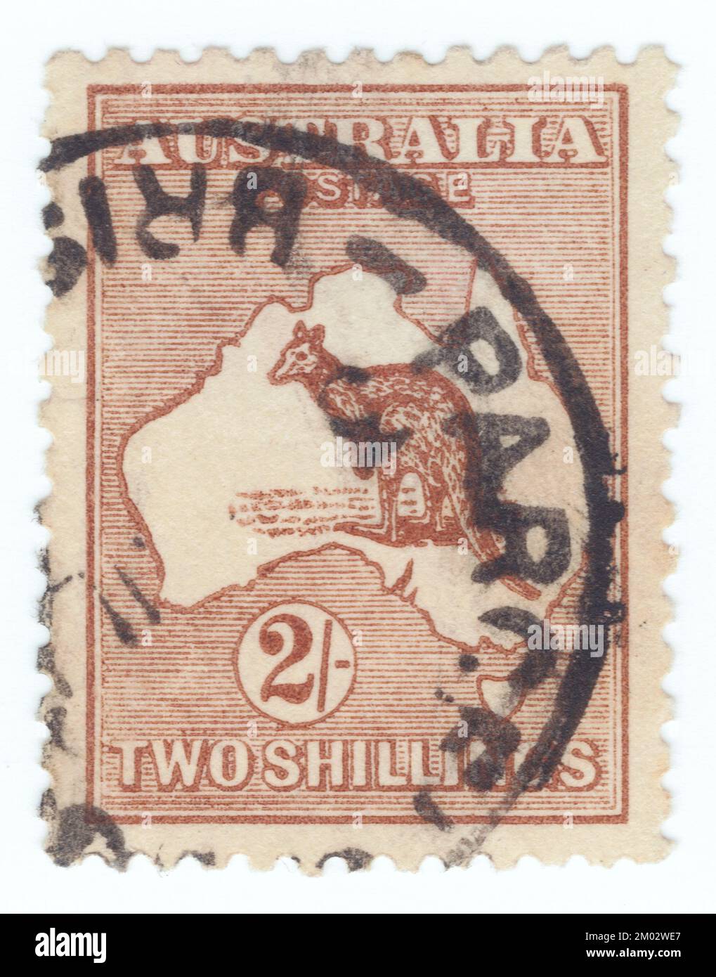 AUSTRALIA — 1913: An 2 shilling brown postage stamp depicting Kangaroo ...