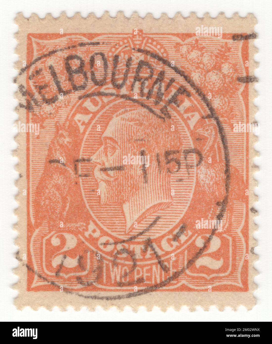 AUSTRALIA — 1920: An 2 pences brown-orange postage stamp showing ...