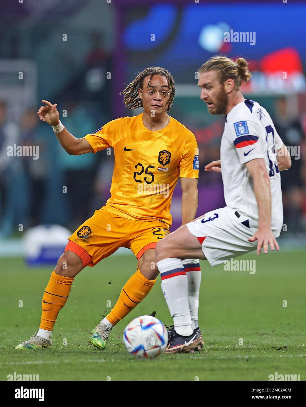 Doha, Qatar. 03rd Dec, 2022. Xavi Simons of the Netherlands disputes ...
