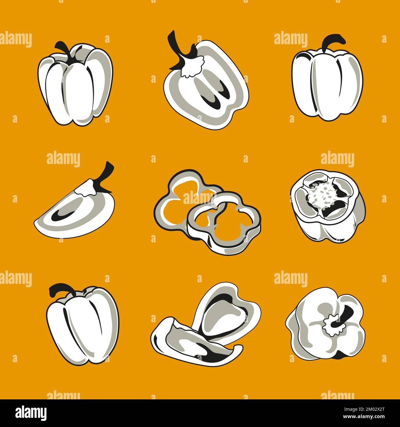 Set of sweet pepper, bell pepper, whole and cut into slices and Stock ...
