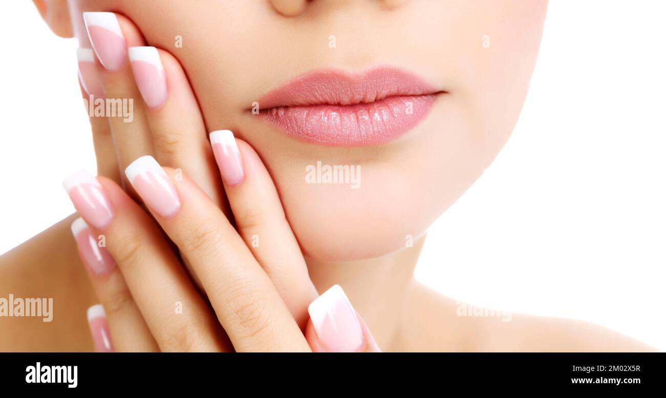 Part of female face and hands, white background, copyspace Stock Photo ...