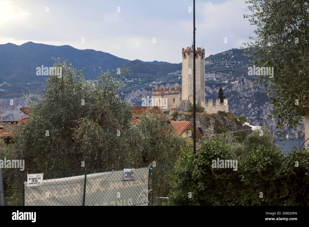Tower of the Scaligero castle in Malcesine framed by trees and oleander ...