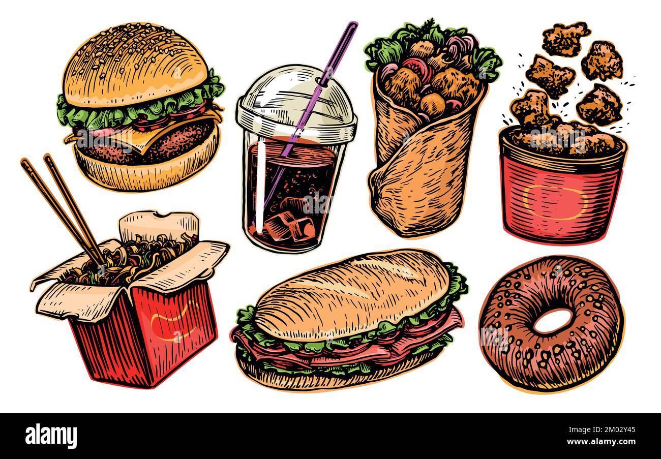 Fast food collection. Food and drink set for restaurant or diner menu ...