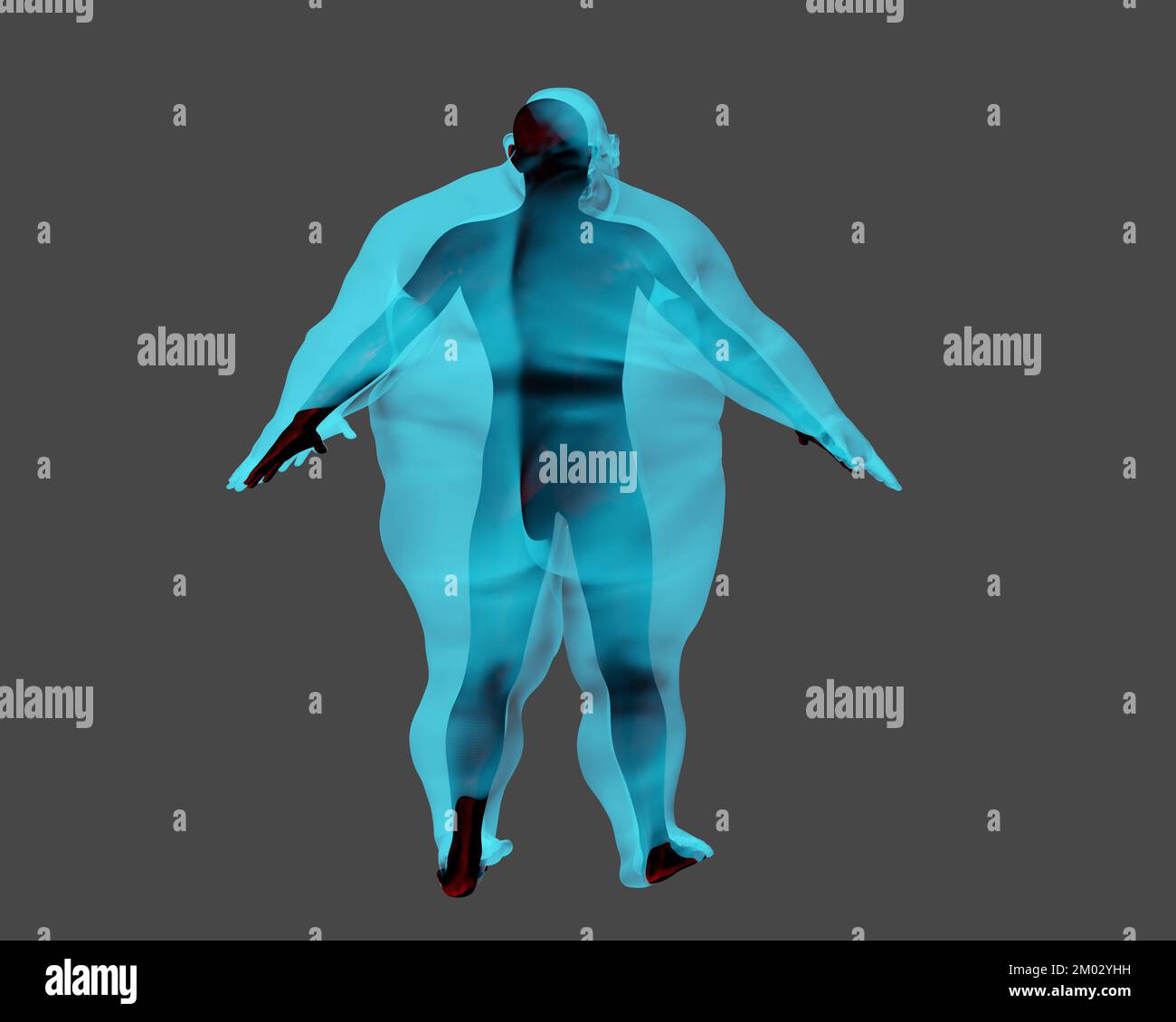 3D render. Athletic man inside an obese body on a gray background. Copy ...