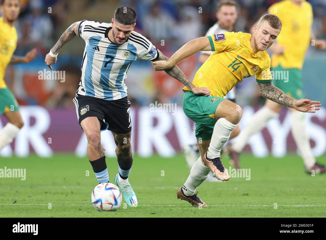 Al Rayyan, Qatar. 3rd Dec, 2022. Rodrigo de Paul (L) of Argentina vies ...