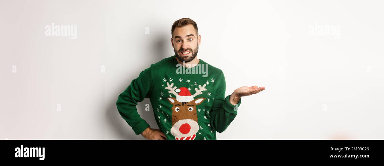 New Year, holidays and celebration. Confused bearded guy in funny ...