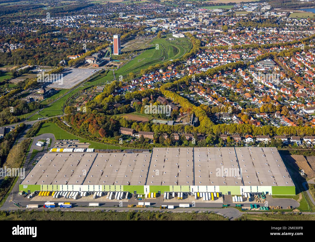 Aerial view, Logport IV logistics center, colliery park recreation area ...