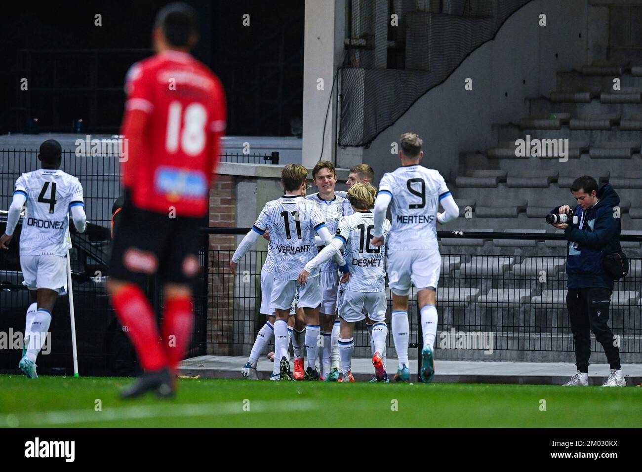 Club NXT's Ibe Hautekiet celebrates after scoring during a soccer match ...