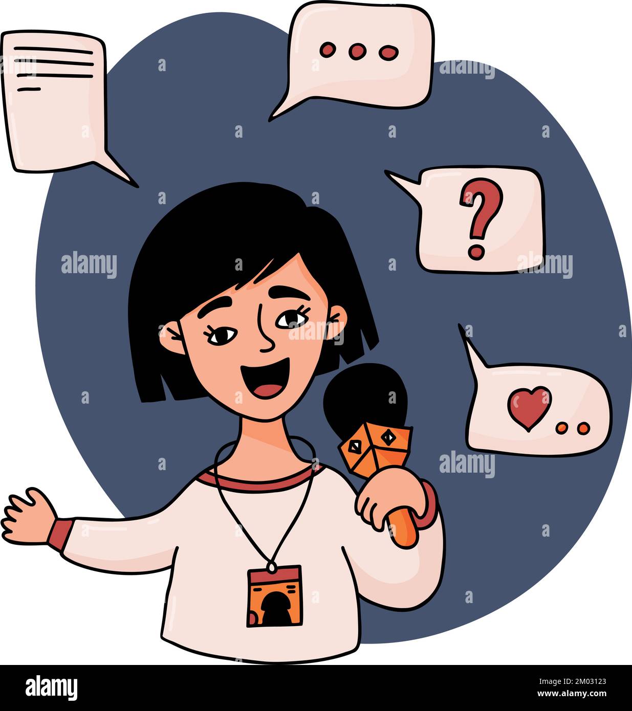 Woman journalist with microphone and online messages. Vector ...