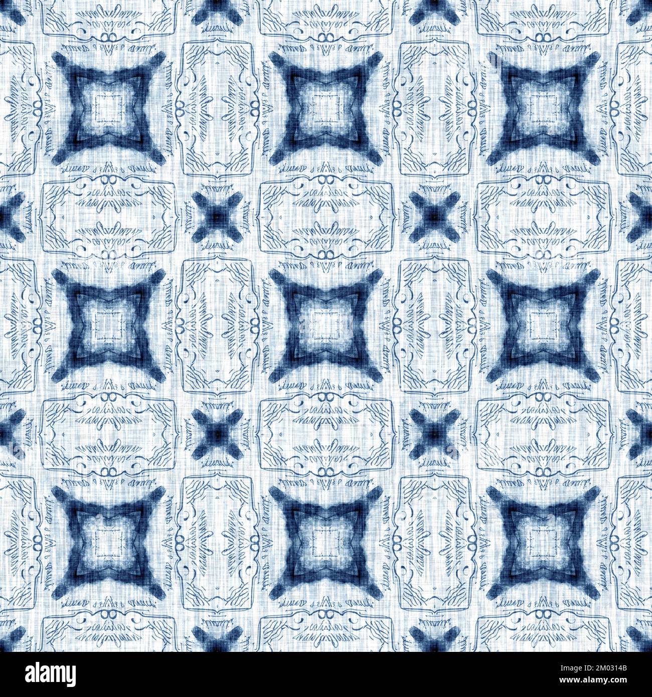 Indigo Dye Wash Coastal Damask Quilt Seamless Pattern. Washed out ...