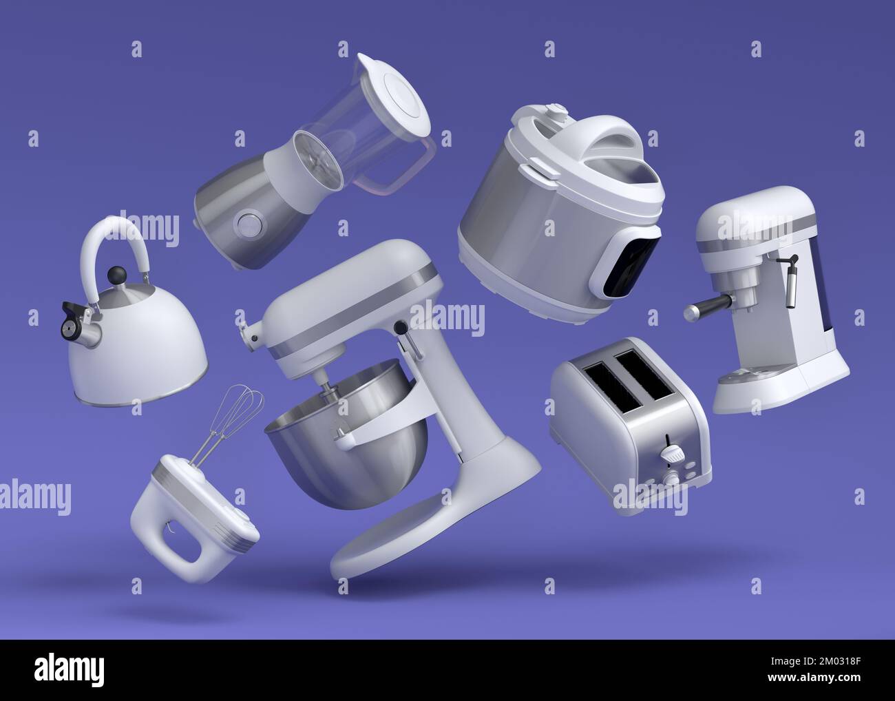 Electric kitchen appliances and utensils for making breakfast on violet ...