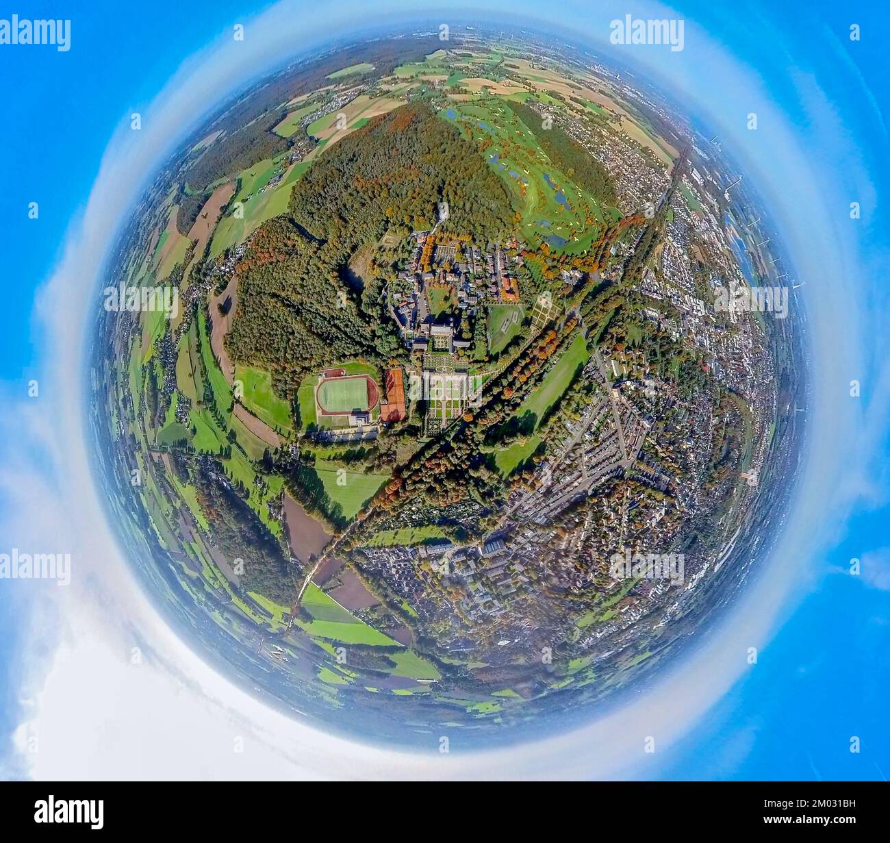 Aerial view, Kamp monastery, catholic abbey church, monastery garden ...