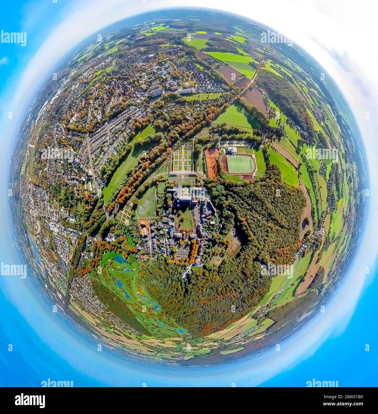 Aerial view, Kamp monastery, catholic abbey church, monastery garden ...