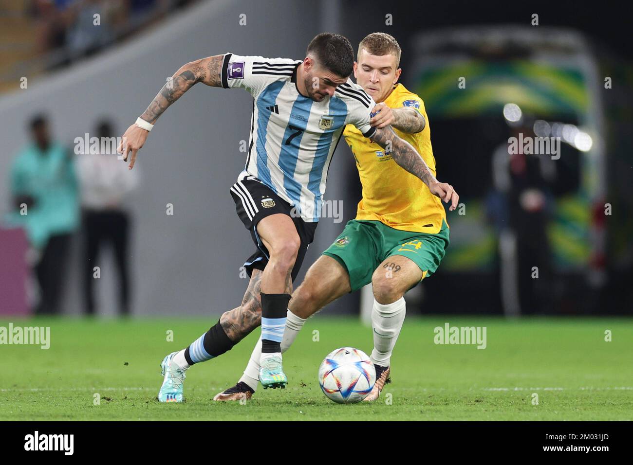 Al Rayyan, Qatar. 3rd Dec, 2022. Rodrigo de Paul (L) of Argentina vies ...