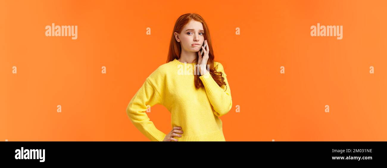 Girl catching anxiety calling someone. Perplexed or nervous cute ...