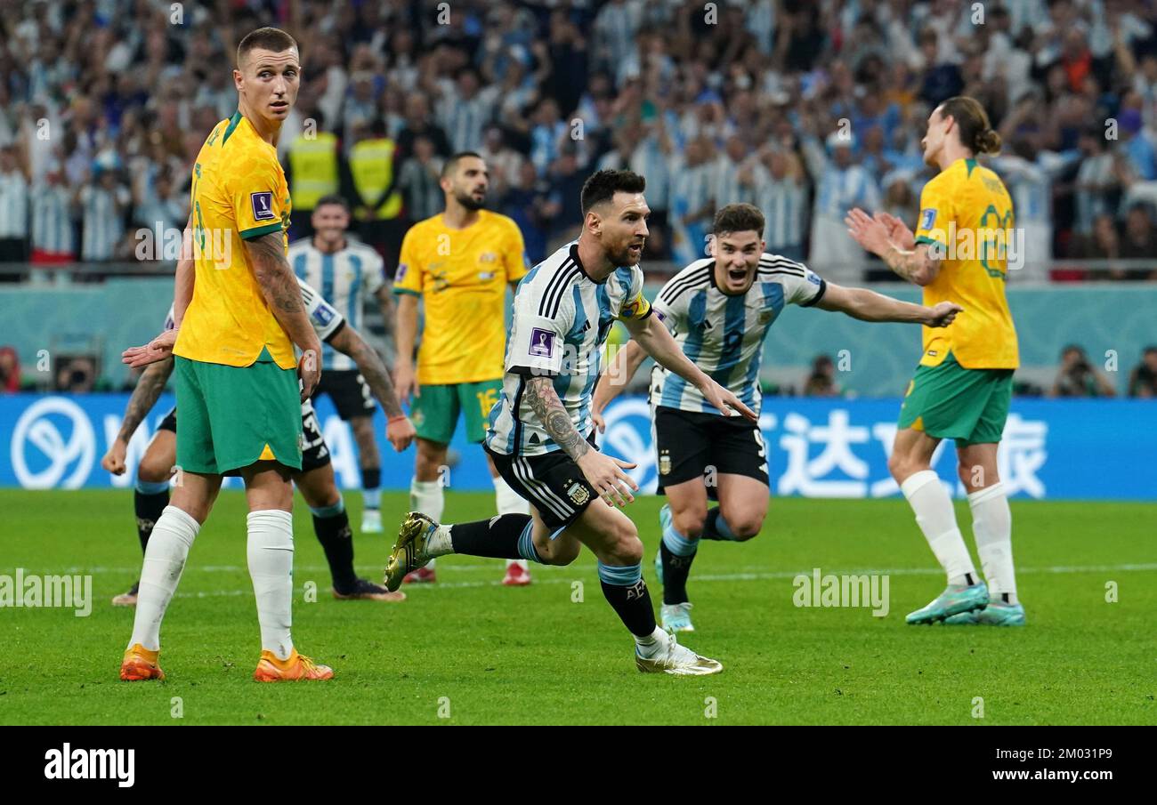 Argentina's Lionel Messi celebrates scoring their side's first goal of ...