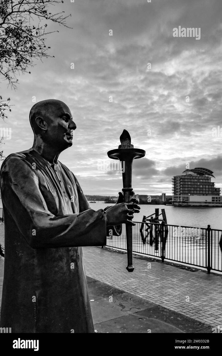 World Harmony Peace Statue in Cardiff Bay at sunset. Close up of statue ...