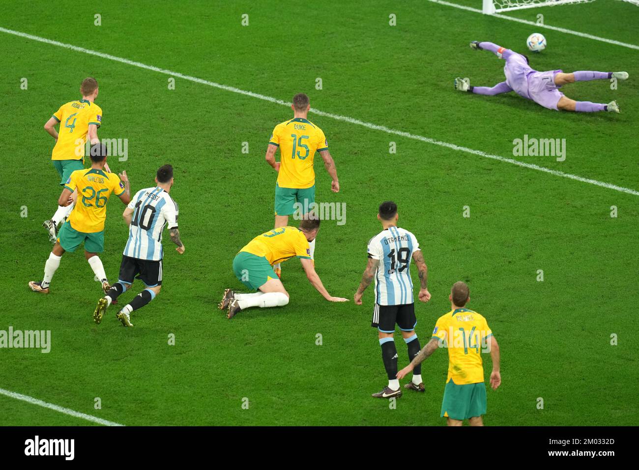 Argentina's Lionel Messi (3rd-left) scores their side's first goal of ...