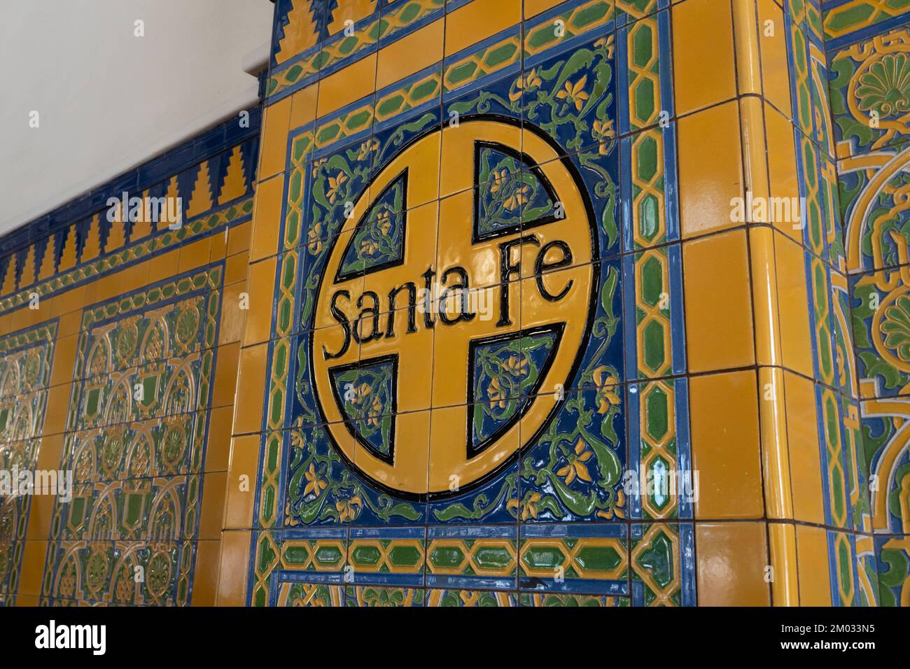 Detail of the classic Santa Fe Railway sun cross emblem in the historic ...