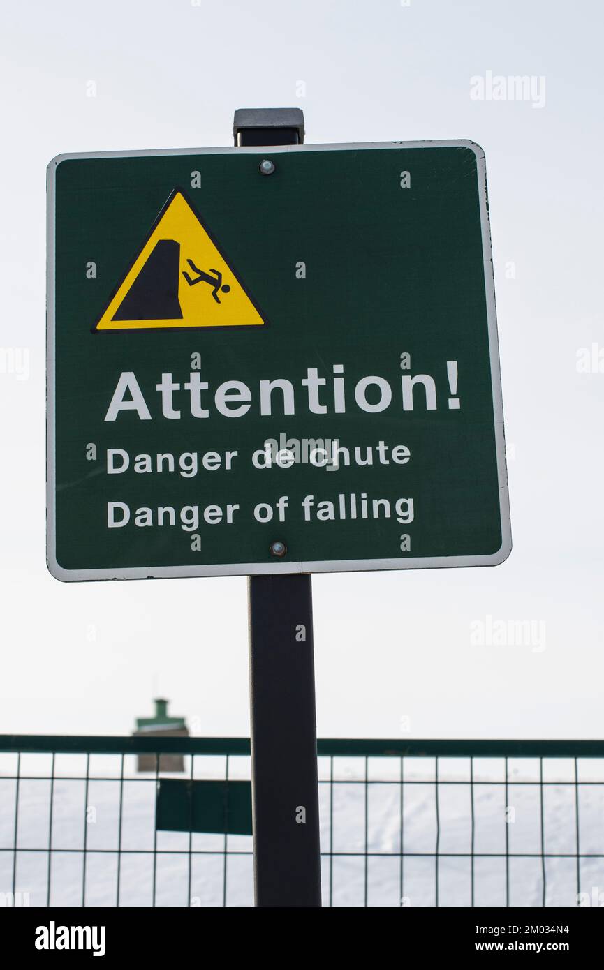 Danger of falling sign at the Citadelle of Quebec in Quebec City ...