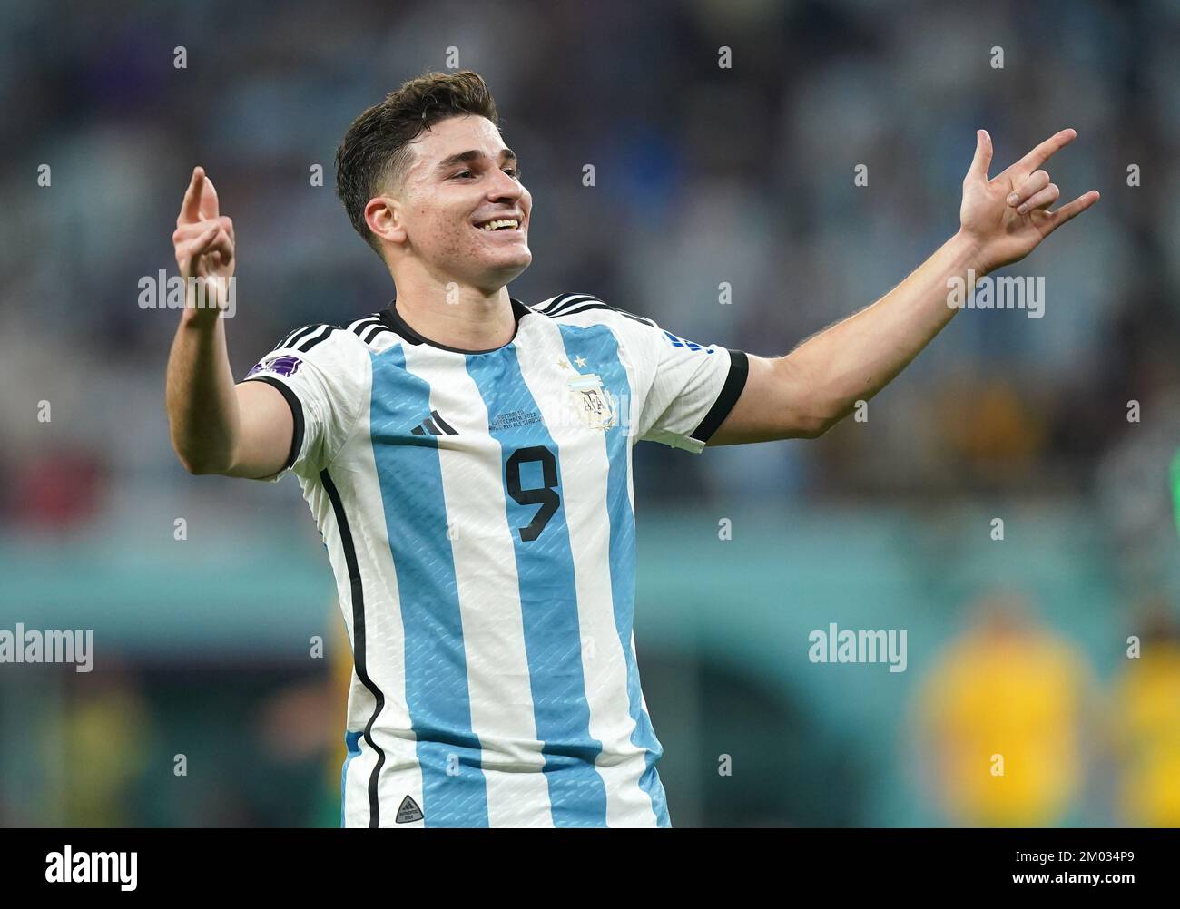 Argentina's Julian Alvarez celebrates scoring their side's second goal ...