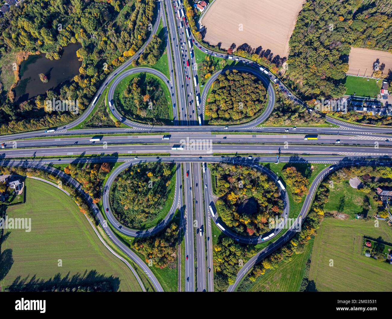 Aerial view, freeway junction Moers, freeway A40 and freeway A57, Moers ...