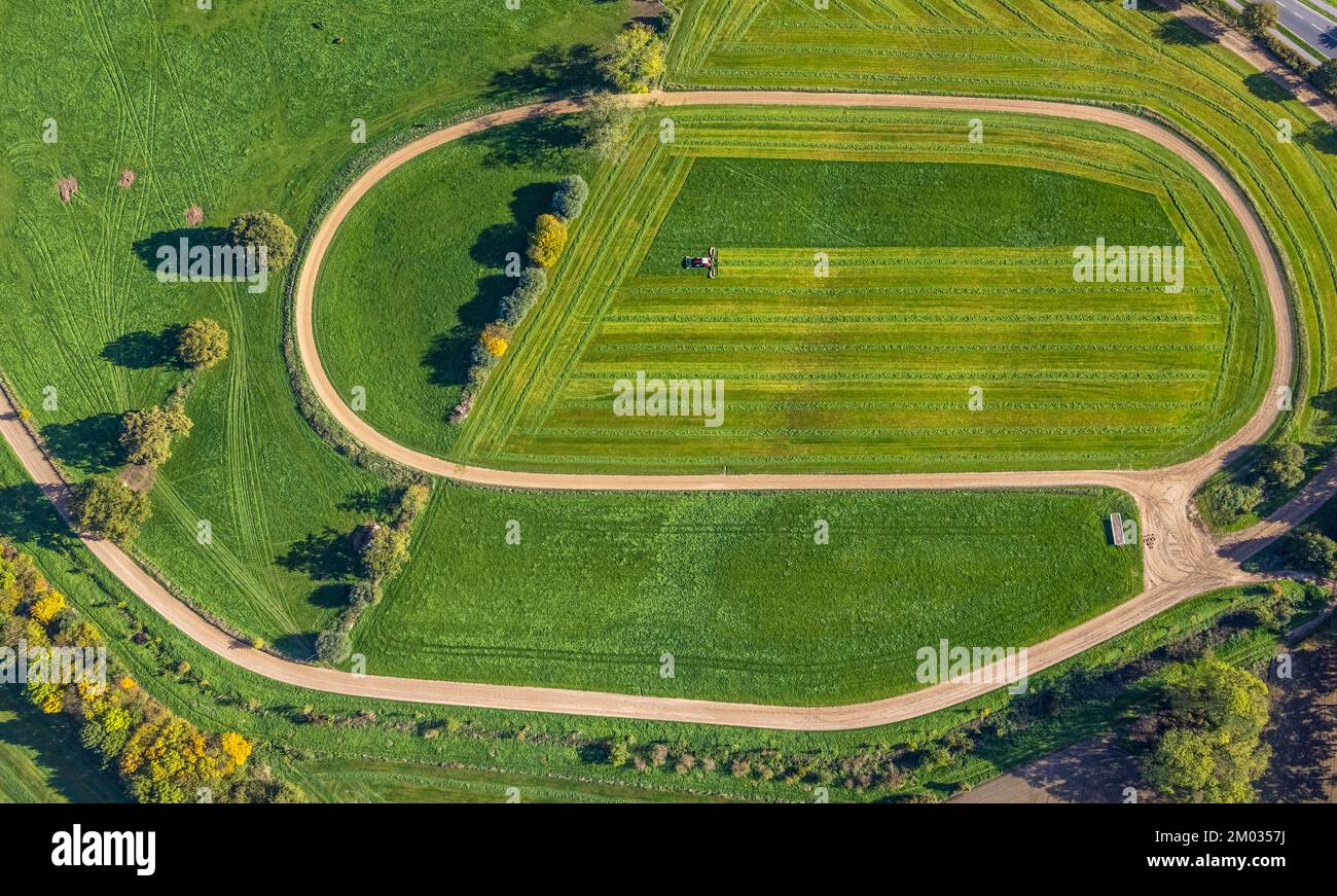 Aerial view, hiking trail at Moersbach, field and wiesen work with ...