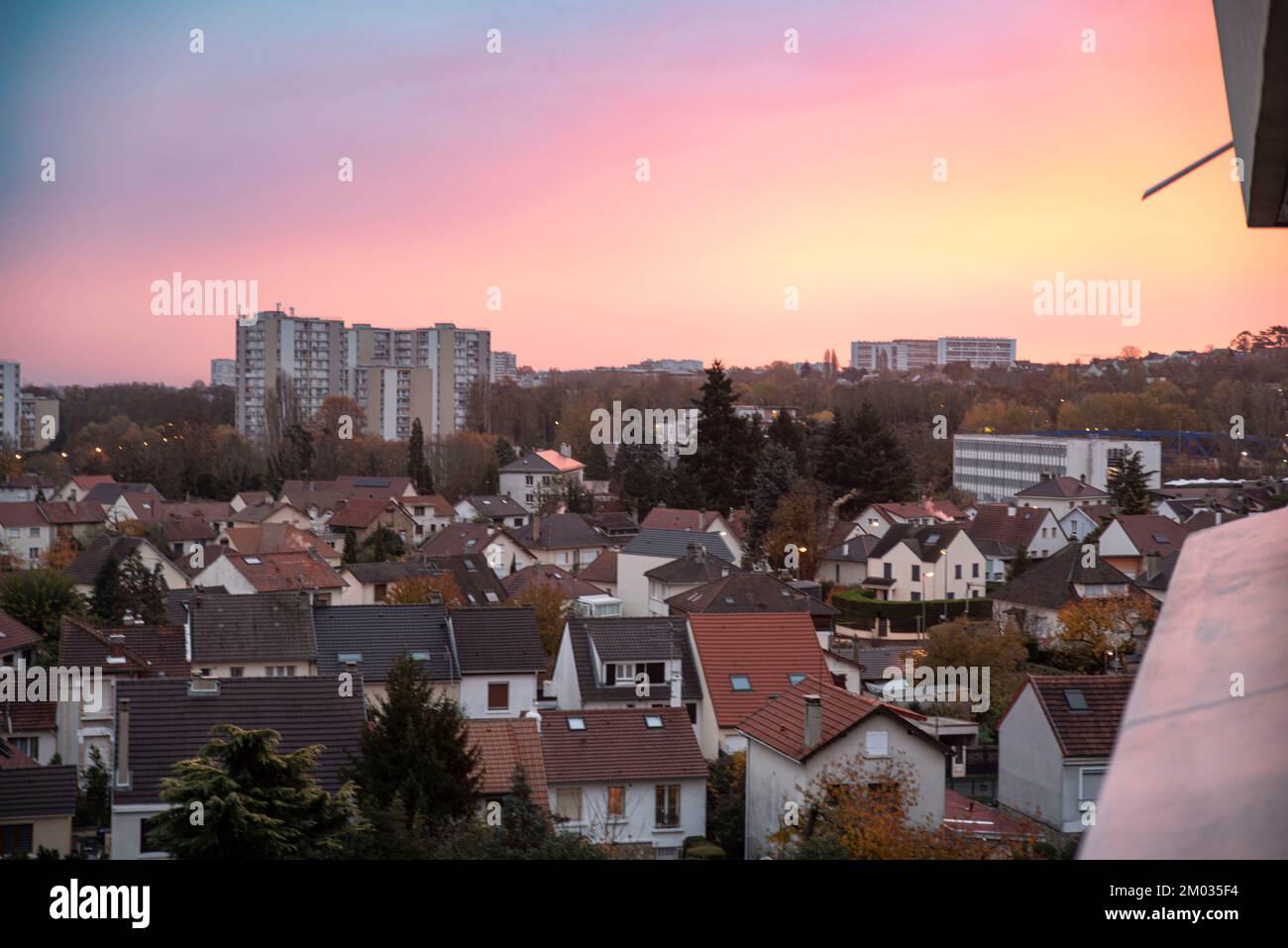 Buildings and houses in the suburbs of Paris, Massy, France under a ...