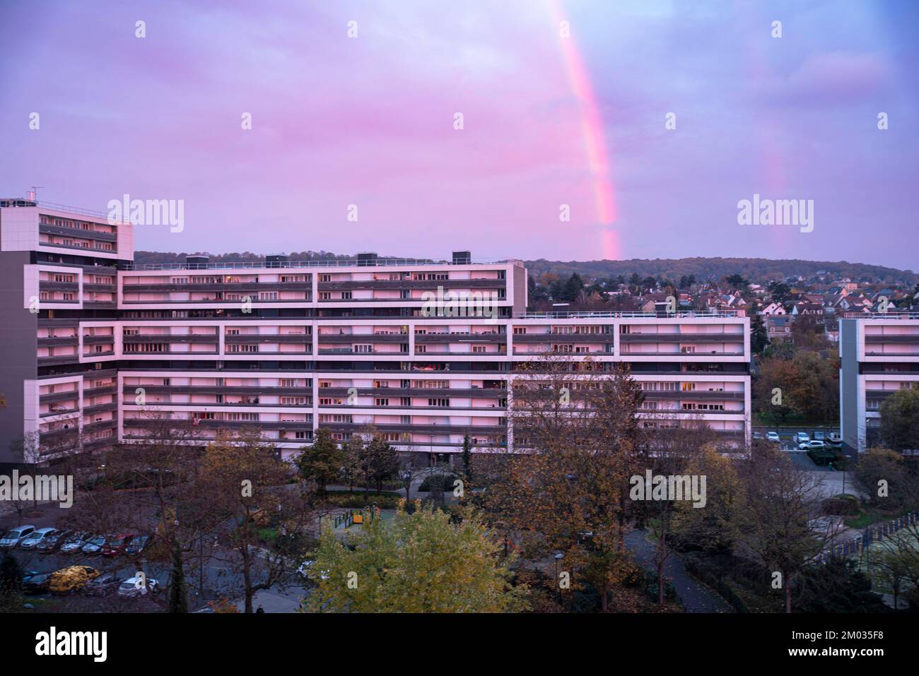Buildings and houses in the suburbs of Paris, Massy, France under a ...
