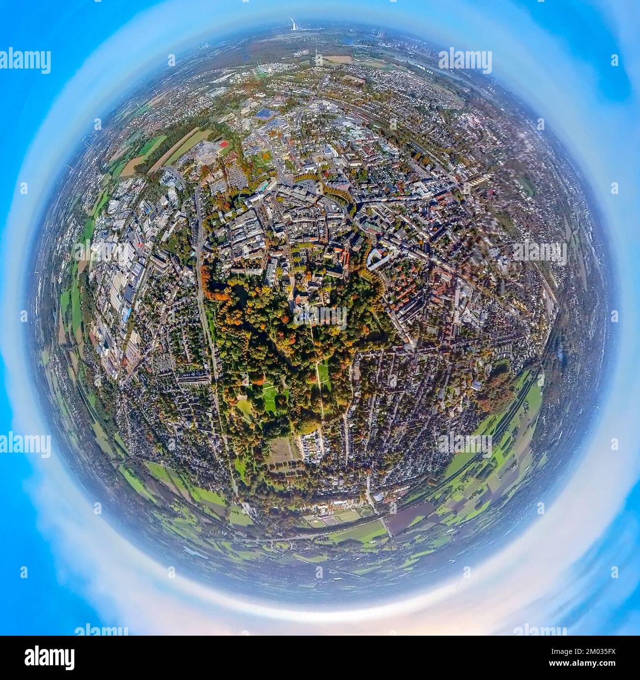 Aerial view, Moers city, Moers castle park and castle, fisheye shot ...