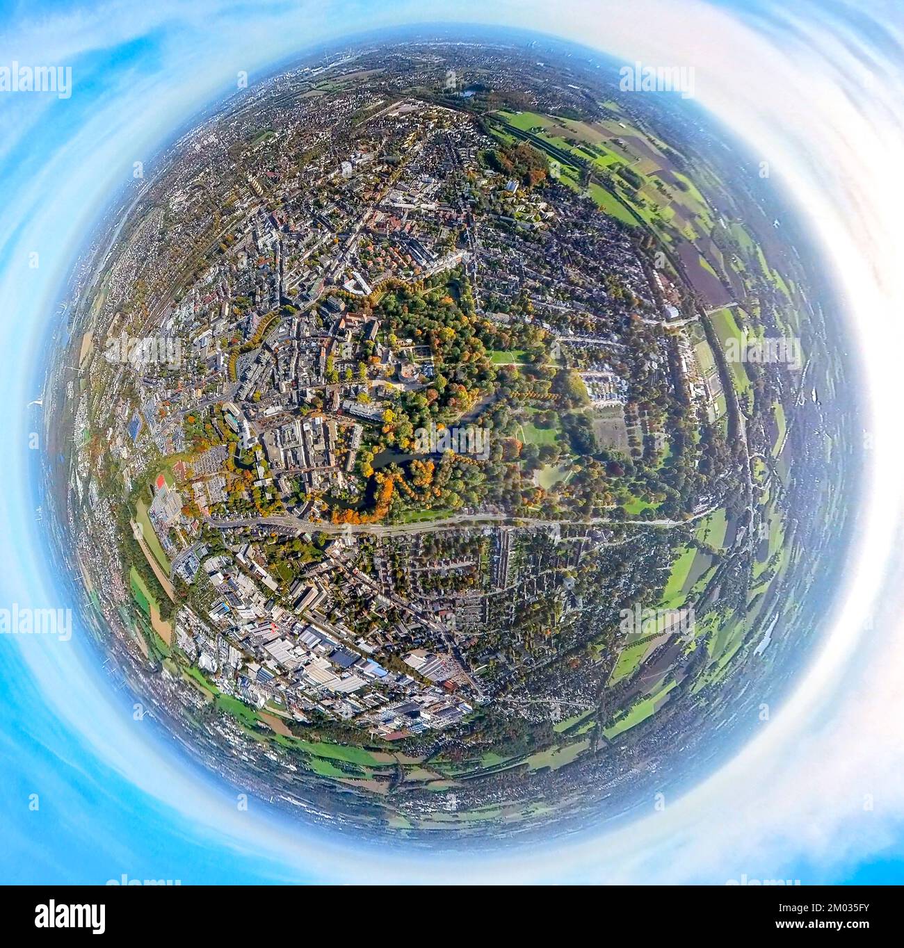 Aerial view, Moers city, Moers castle park and castle, fisheye shot ...