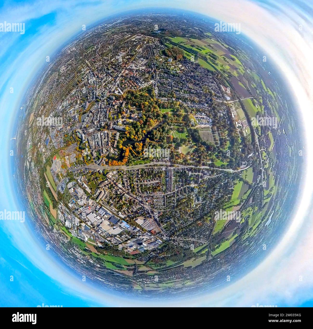 Aerial view, Moers city, Moers castle park and castle, fisheye shot ...