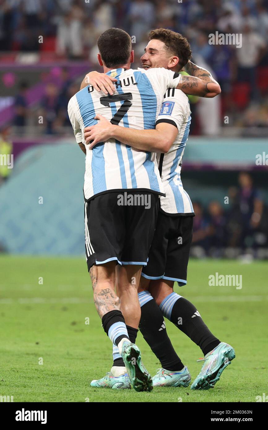 Al Rayyan, Qatar. 3rd Dec, 2022. Julian Alvarez (R) of Argentina ...