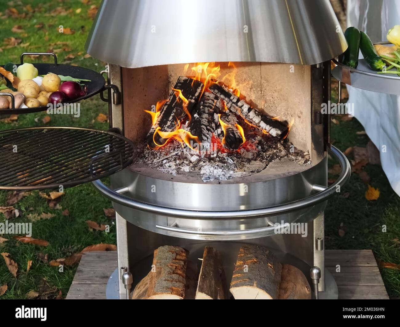silver modern outdoor grill with vegetables Stock Photo - Alamy
