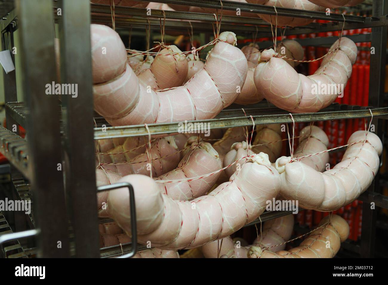 lot of smoked sausages on the metal shelves of the racks of the meat factory. Food production ...