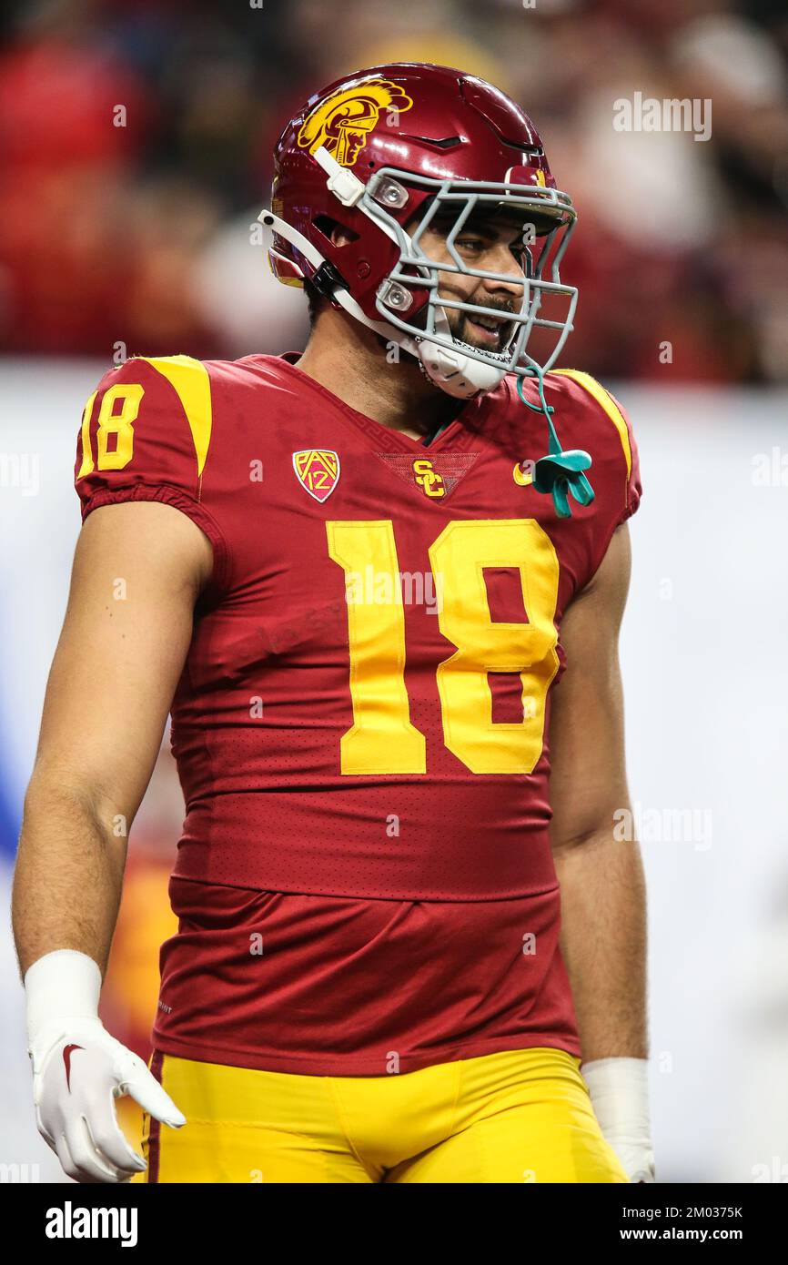 Las Vegas, NV, USA. 2nd Dec, 2022. USC Trojans tight end Jude Wolfe (18) warms-up prior to the ...